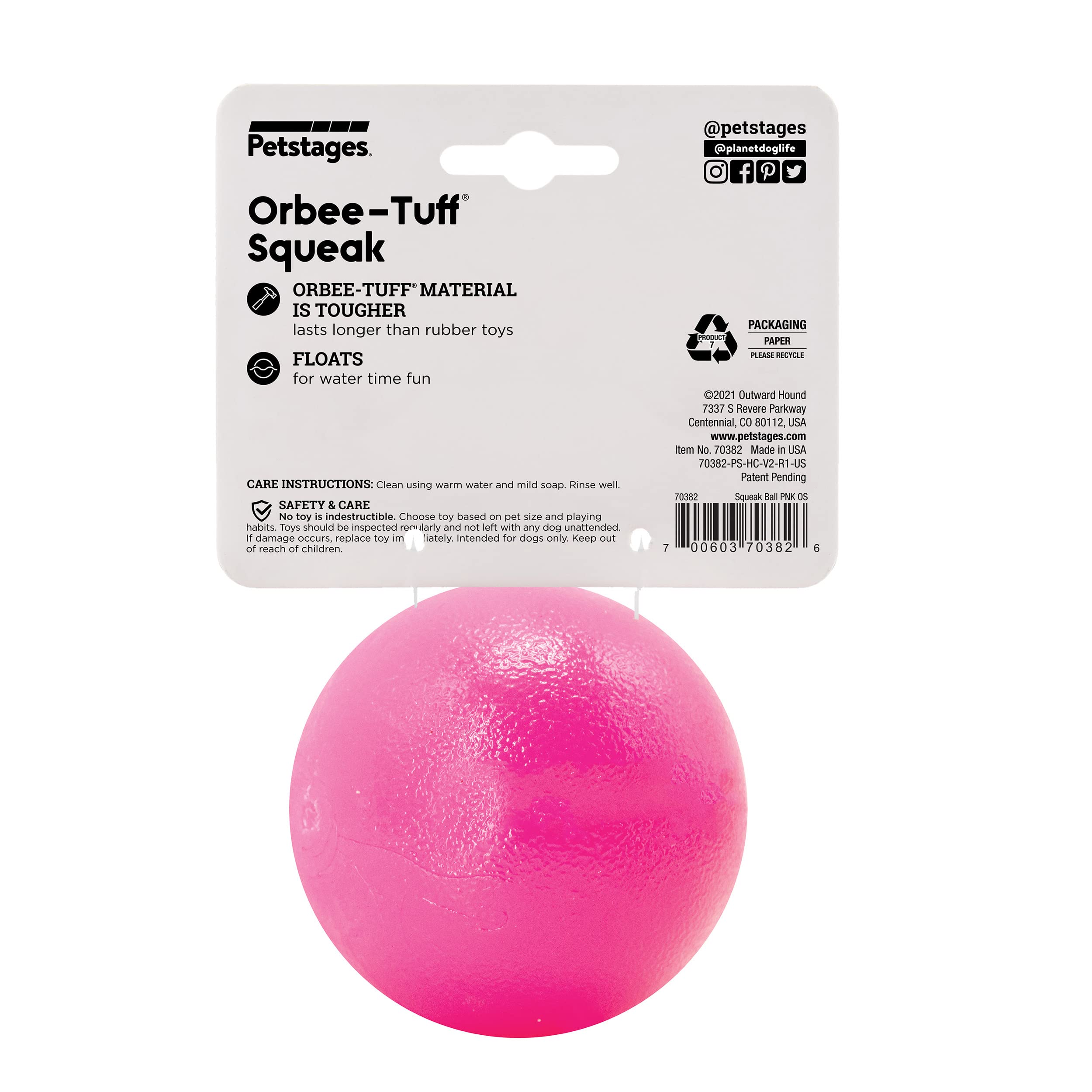 Outward Hound by Planet Dog Squeak Ball Bouncy Fetch Dog Toy, Pink