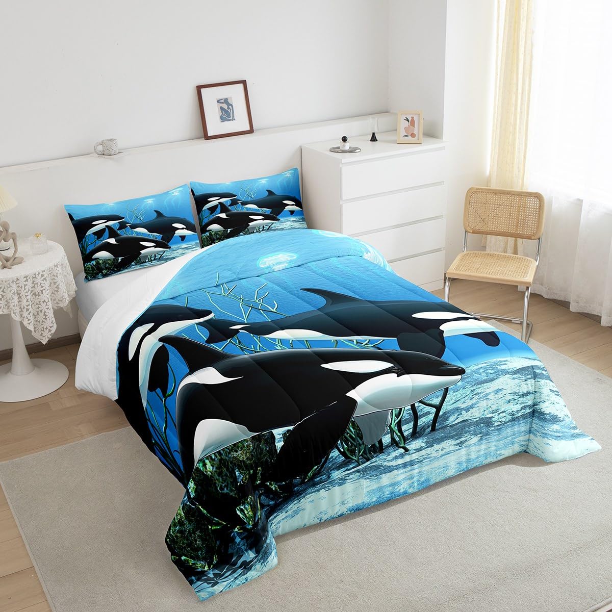 Erosebridal Killer Whale Bedding Sets Orcinus Orcas Comforter Set The Underwater World Jellyfish Down Comforter for Kids Boys Girls Deep Sea Animals Marine Life Duvet Insert 2 Pieces Twin Size