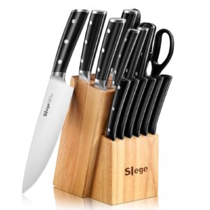 knife set, slege 16 pieces kitchen knife set with block, high carbon stainless steel knife block set with sharpener and kitchen shear, classic straight handle, dishwasher safe