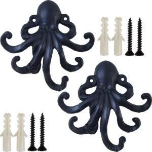 yoohua 2pcs 6inch cast iron octopus decorative coat hook - wall mounted nautical hand towel rack holder with screws, rustic metal clothing hanger for bedroom/bathroom/kitchen/balcony