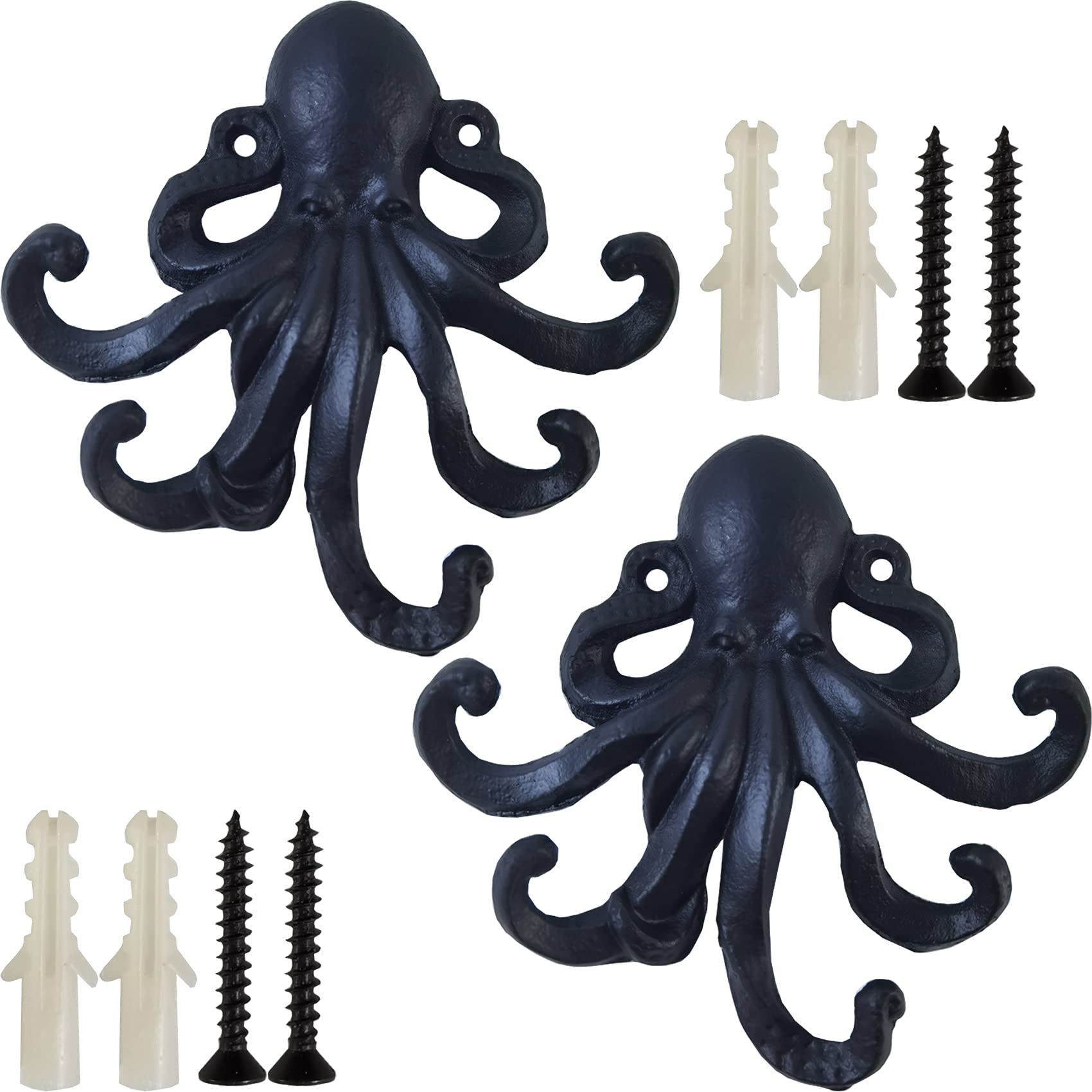 YOOHUA 2PCS 6Inch Cast Iron Octopus Decorative Coat Hook - Wall Mounted Nautical Hand Towel Rack Holder with Screws, Rustic Metal Clothing Hanger for Bedroom/Bathroom/Kitchen/Balcony