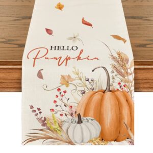 artoid mode hello pumpkin flowers leaves thanksgiving table runner, seasonal fall harvest vintage kitchen dining table decoration for indoor outdoor home party decor 13 x 72 inch