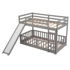 Actual Twin Over Twin Low Bunk Bed, Wood Bunk Bed Frame with Slide and Fence for Kids, Toddlers, Boys, Girls, No Box Spring Needed LF (Gray+Wood)