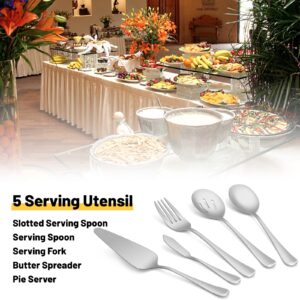 Matte Serving Utensils HaWare 5-Piece Stainless Steel Hostess Serving Set for Party Kitchen Restaurant, Satin Finished, Dishwasher Safe, Include Spoons, Slotted Spoon, Forks, Pie Server, Butter Knife