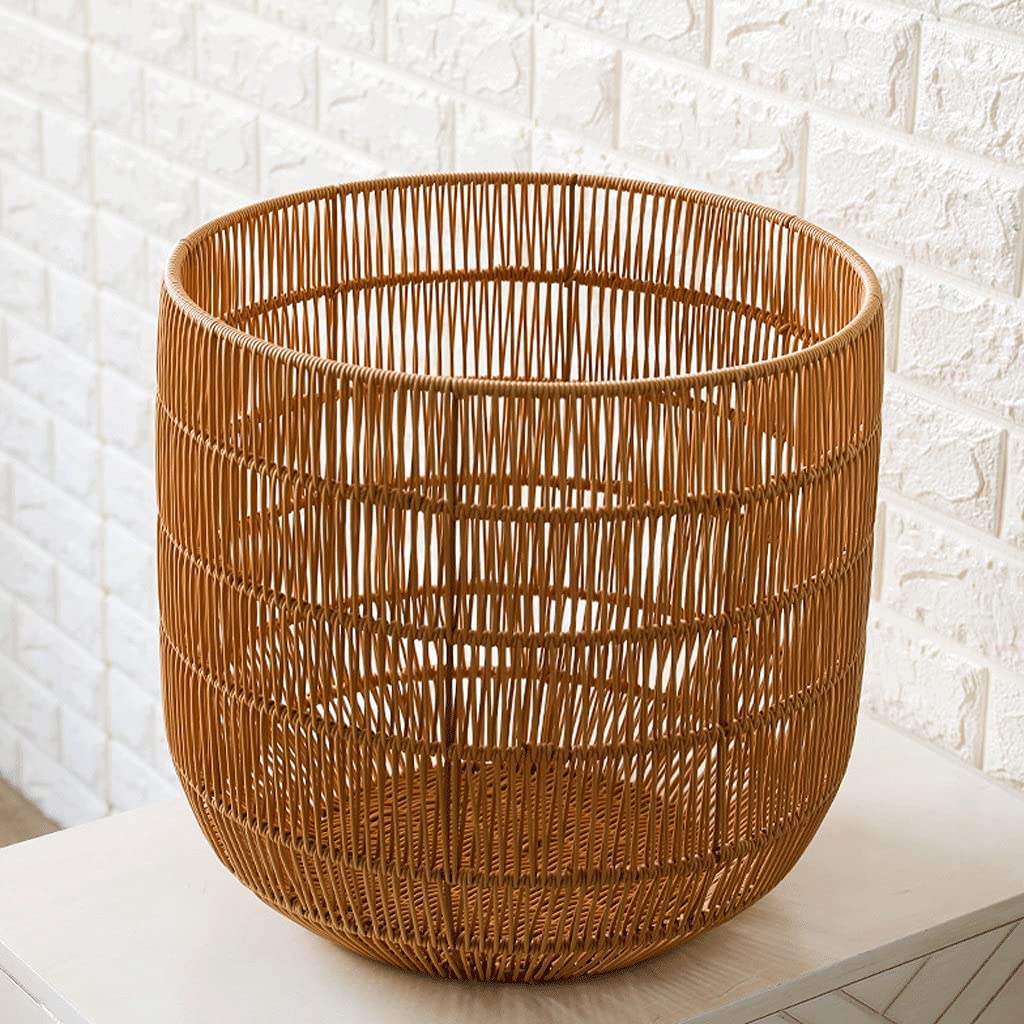 Garbage Cans, Round PP Plastic RattanTrash Can Handwoven Waste Paper Bin Rattan Rubbish Bin for Bedroom Kitchen Bathroom Office Garbage Can Waste Baskets (Color : Brown, Size : Medium)