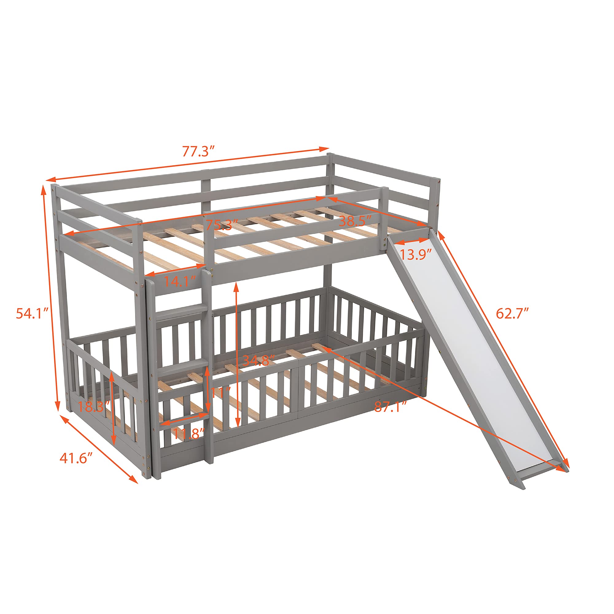 Actual Twin Over Twin Low Bunk Bed, Wood Bunk Bed Frame with Slide and Fence for Kids, Toddlers, Boys, Girls, No Box Spring Needed LF (Gray+Wood)