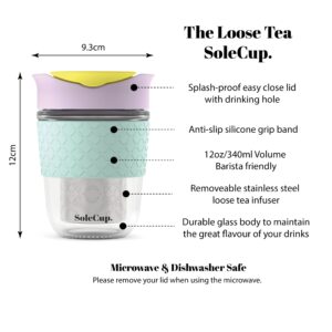 SoleCup. Travel Mug Loose Tea Infuser - Detachable Tea Strainer with Spillproof Lid - BPA-Free Reusable Glass Travel Coffee Cup with Silicone Band (Ice Cream)