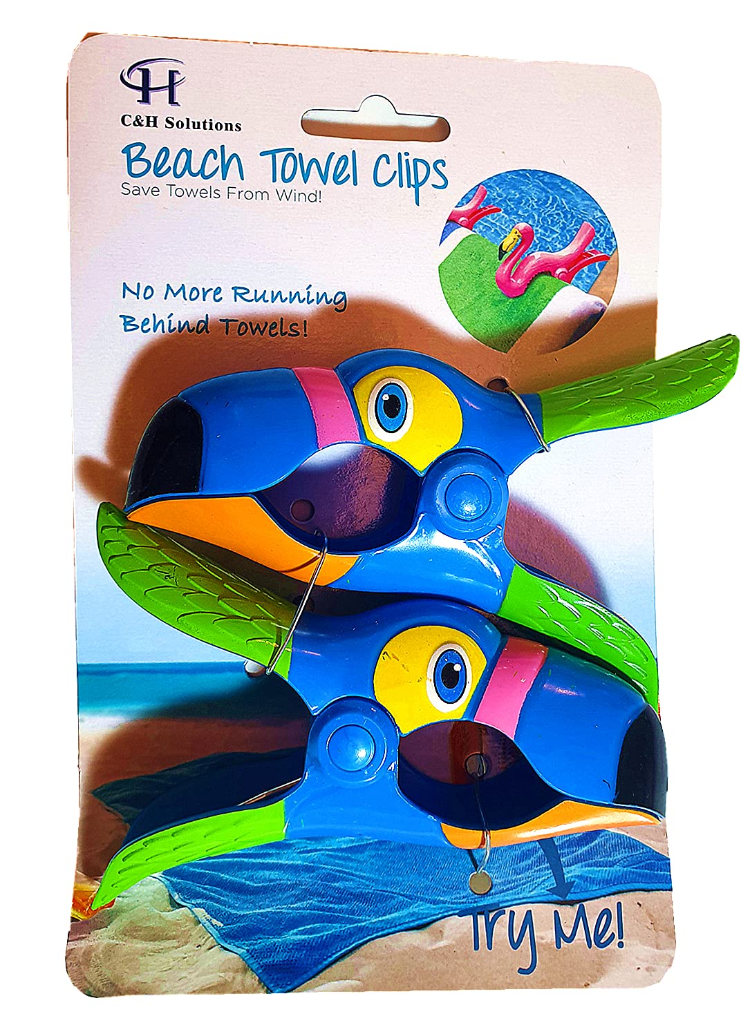 C&H Beach Tower Clips, Beach Towel Holders, Clips, Beach, Patio or Pool Accessories, Portable Towel Clips, Chip Clips, Secure Clips, Toucan Style