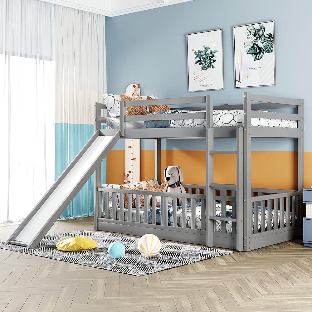 Actual Twin Over Twin Low Bunk Bed, Wood Bunk Bed Frame with Slide and Fence for Kids, Toddlers, Boys, Girls, No Box Spring Needed LF (Gray+Wood)