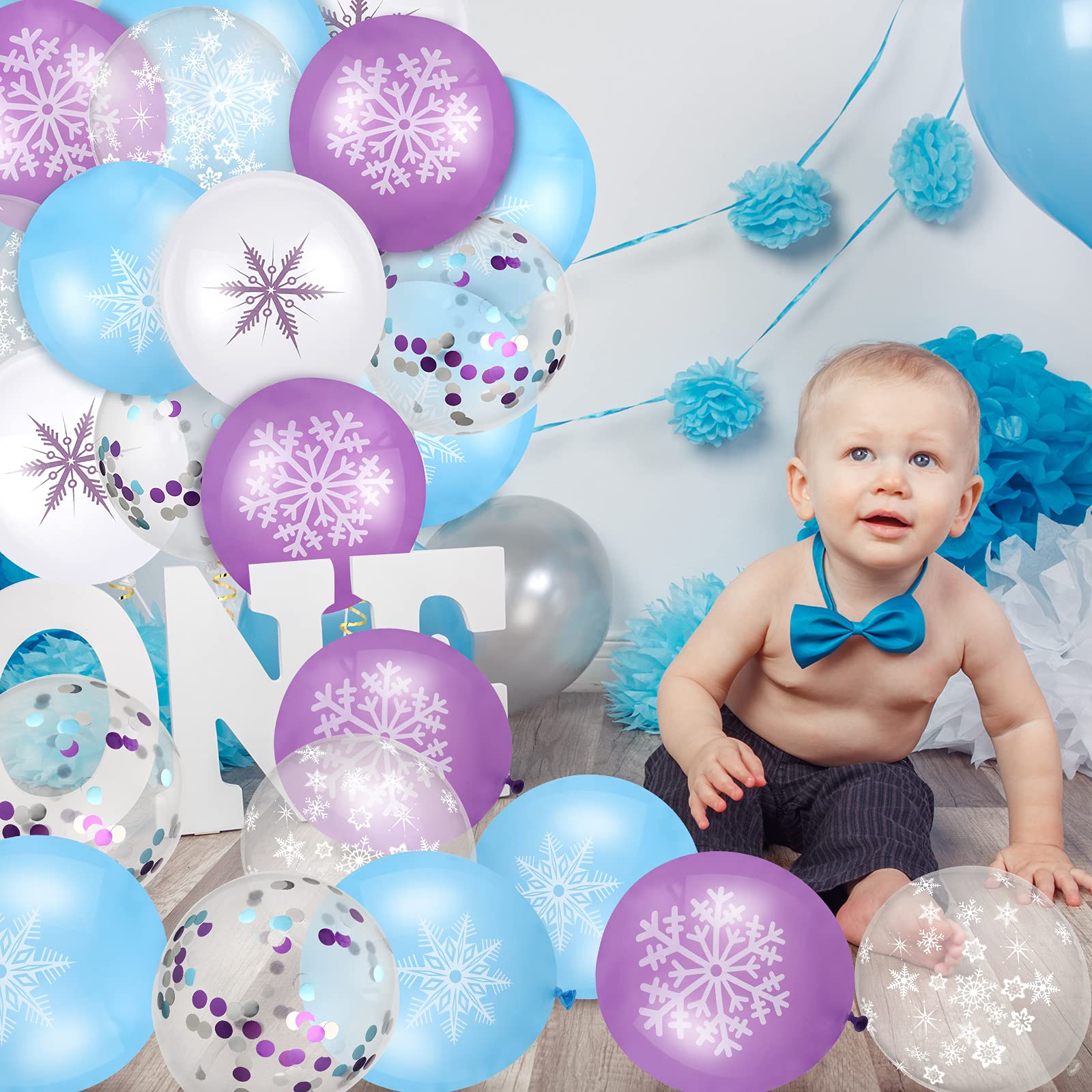 Gejoy 100 Pieces Snowflake Balloons 12 Inch Purple Blue Balloons White Balloons for Winter Birthday Party Girls Winter Theme Party Supplies Ice Snow Theme Baby Shower Winter Party Decoration