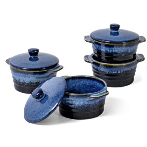 unicasa 8 oz ceramic ramekins with lid, mini casserole dish with handles set of 4, porcelain small baking dish, round small cocotte oven safe, reactive glaze (blue)