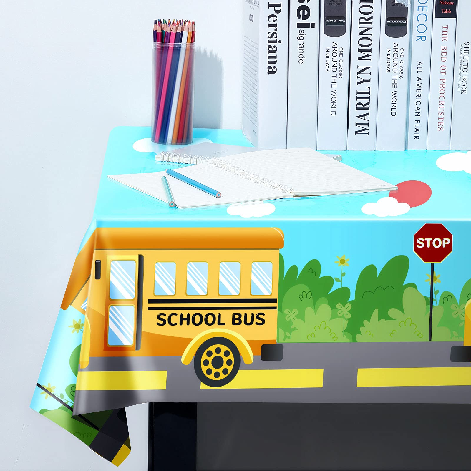 School Bus Tablecloth School Party Table Cover First Day of School Party Table Cloth School Table Cover Waterproof School Theme Table Covers for School Party, 51 x 87 Inch (2 Pieces)