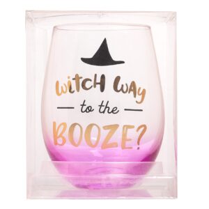 Pearhead Witch Way to the Booze Wine Glass, Fall Holiday Home Accessories, Halloween Stemless Wine Glass, 15 oz