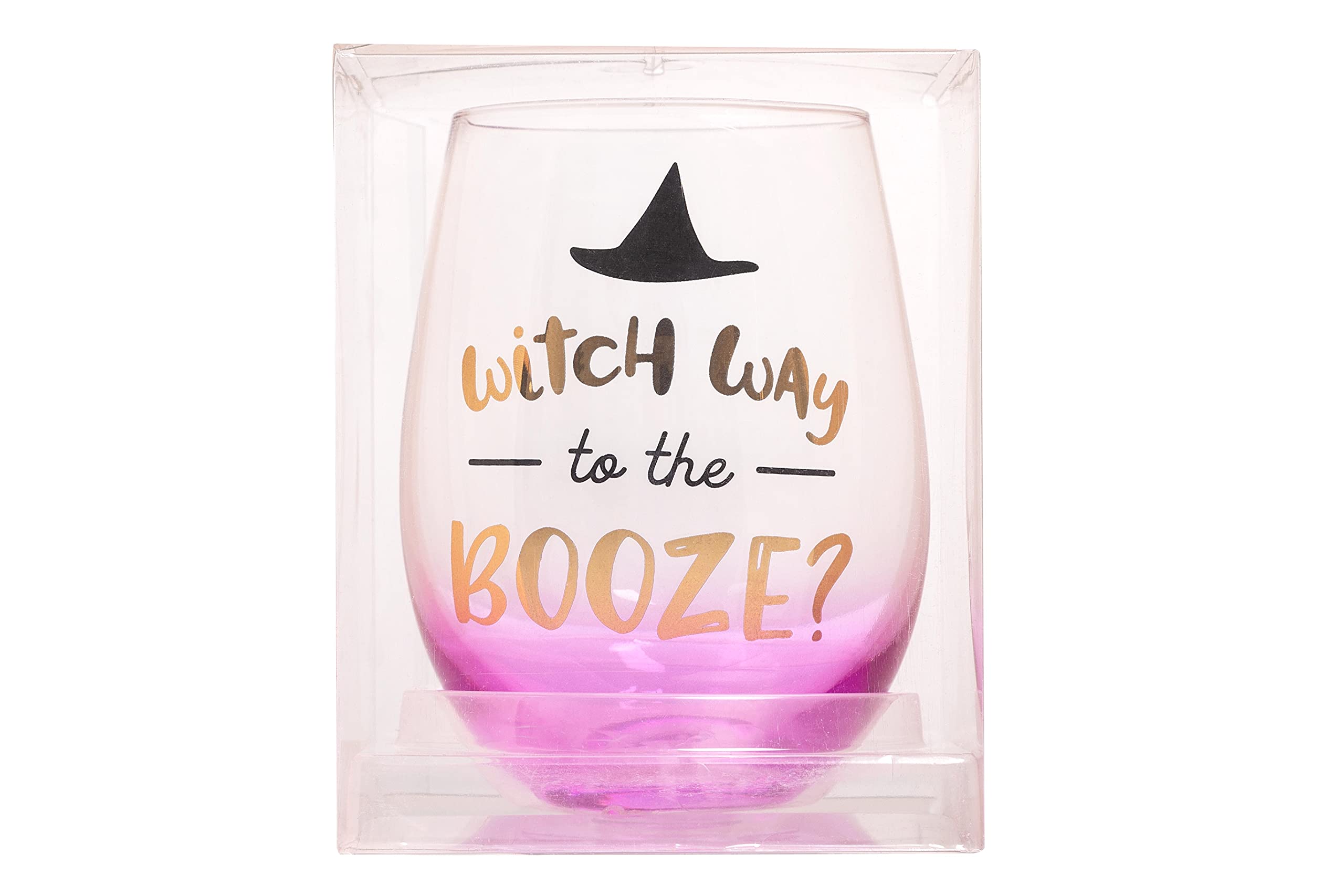 Pearhead Witch Way to the Booze Wine Glass, Fall Holiday Home Accessories, Halloween Stemless Wine Glass, 15 oz