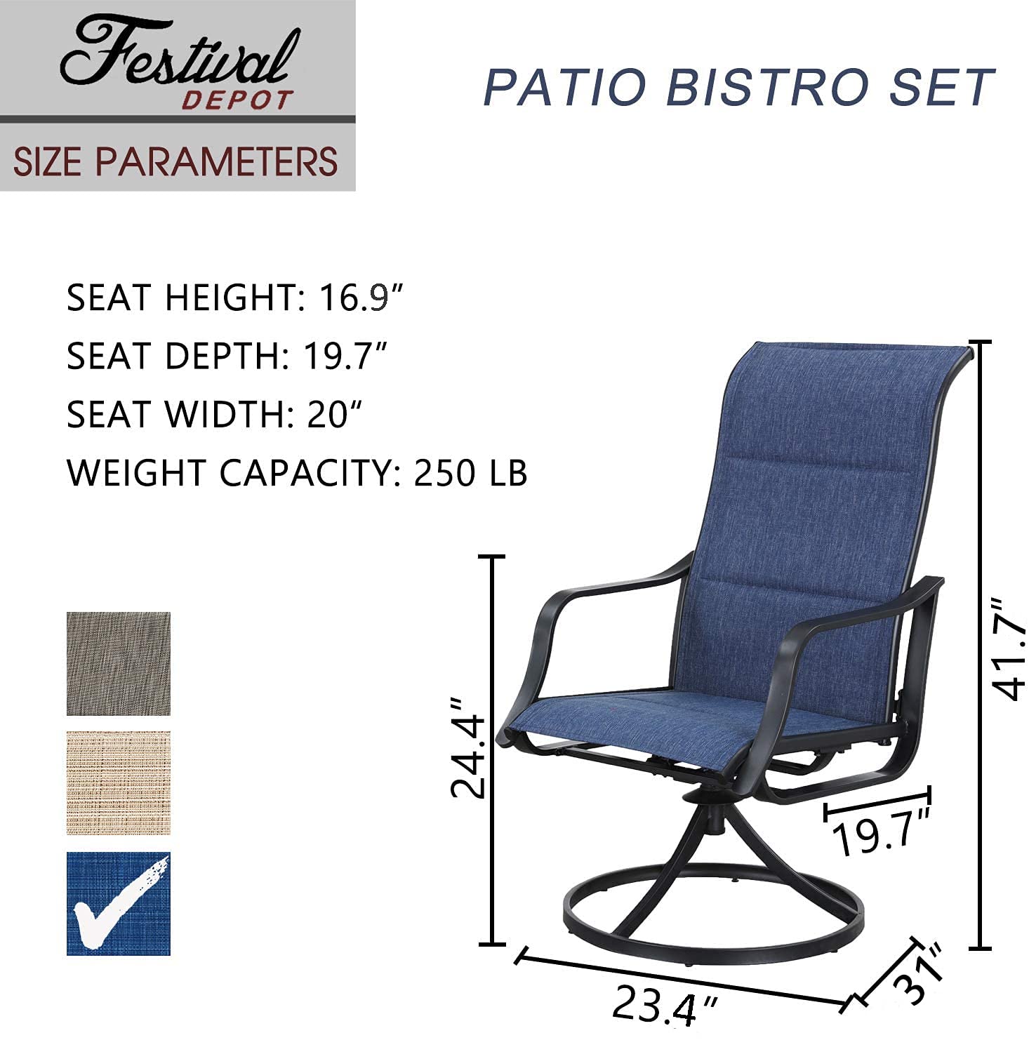 Festival Depot Patio Chair Set of 2 Swivel Rocker Dining Chairs with High Back and Textilene Fabric Comfortable Outdoor Furniture for Deck Garden (Blue, 2 pcs)