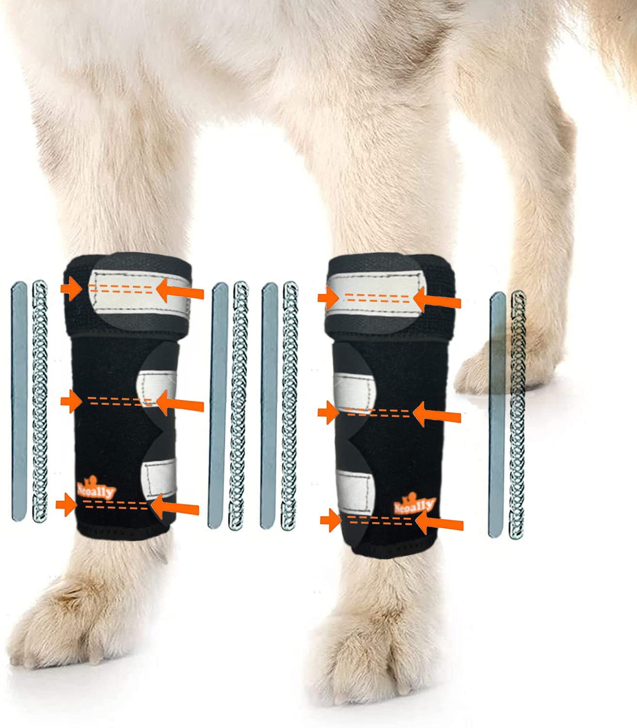 NeoAlly - 3-in-1 Dog Splint Front Leg Support, Front Leg Brace with Rigid and Spring Inserts, Dog Leg Sleeve for Pet Mobility, Stability, & Protection, With Reflective Straps, L-XL, 1 Pair