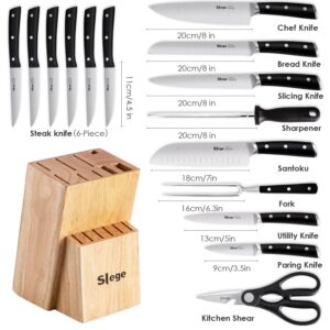 Knife Set, Slege 16 Pieces Kitchen Knife Set with Block, High Carbon Stainless Steel Knife Block Set with Sharpener and Kitchen Shear, Classic Straight Handle, Dishwasher Safe