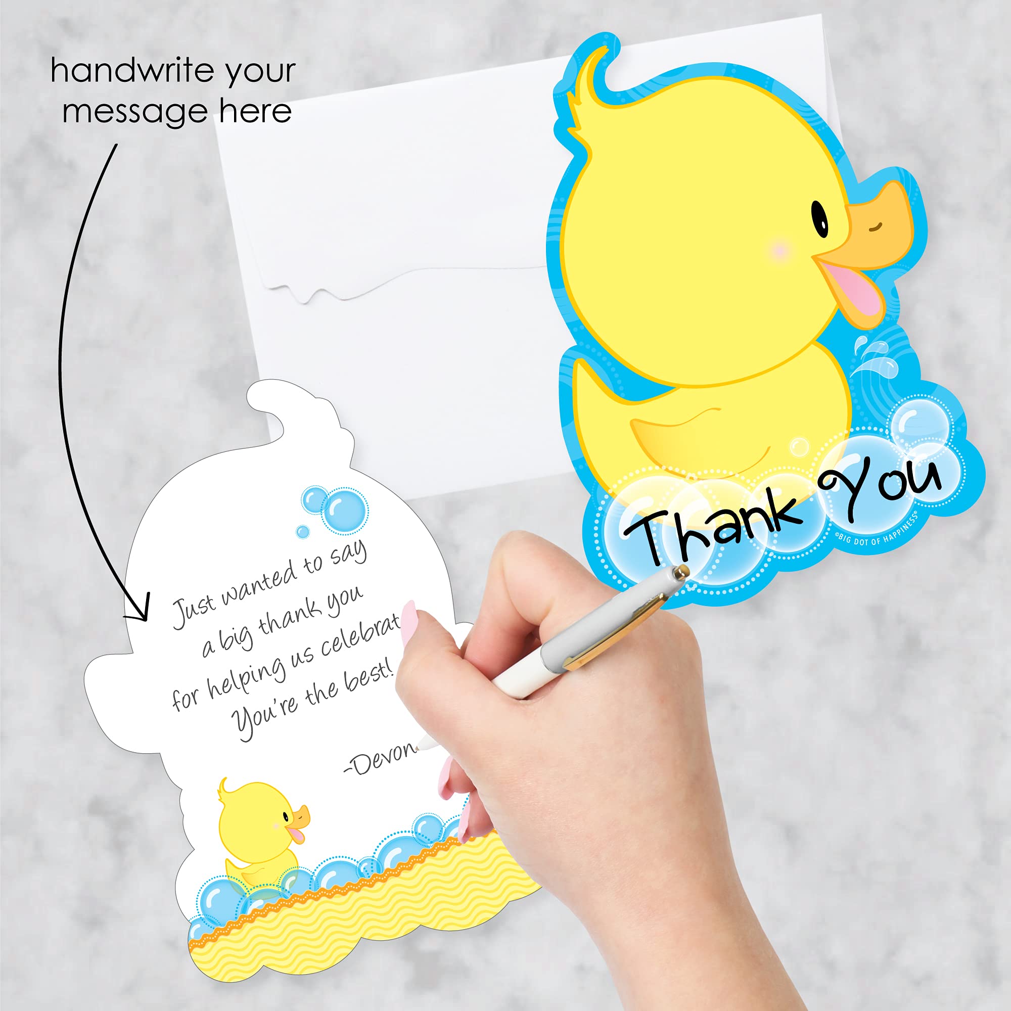 Big Dot of Happiness Ducky Duck - Shaped Thank You Cards - Baby Shower or Birthday Party Thank You Note Cards with Envelopes - Set of 12