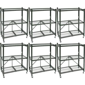 origami r3 general purpose foldable 3-tiered shelf storage rack with wheels for home, garage, or office, pewter (6 pack)