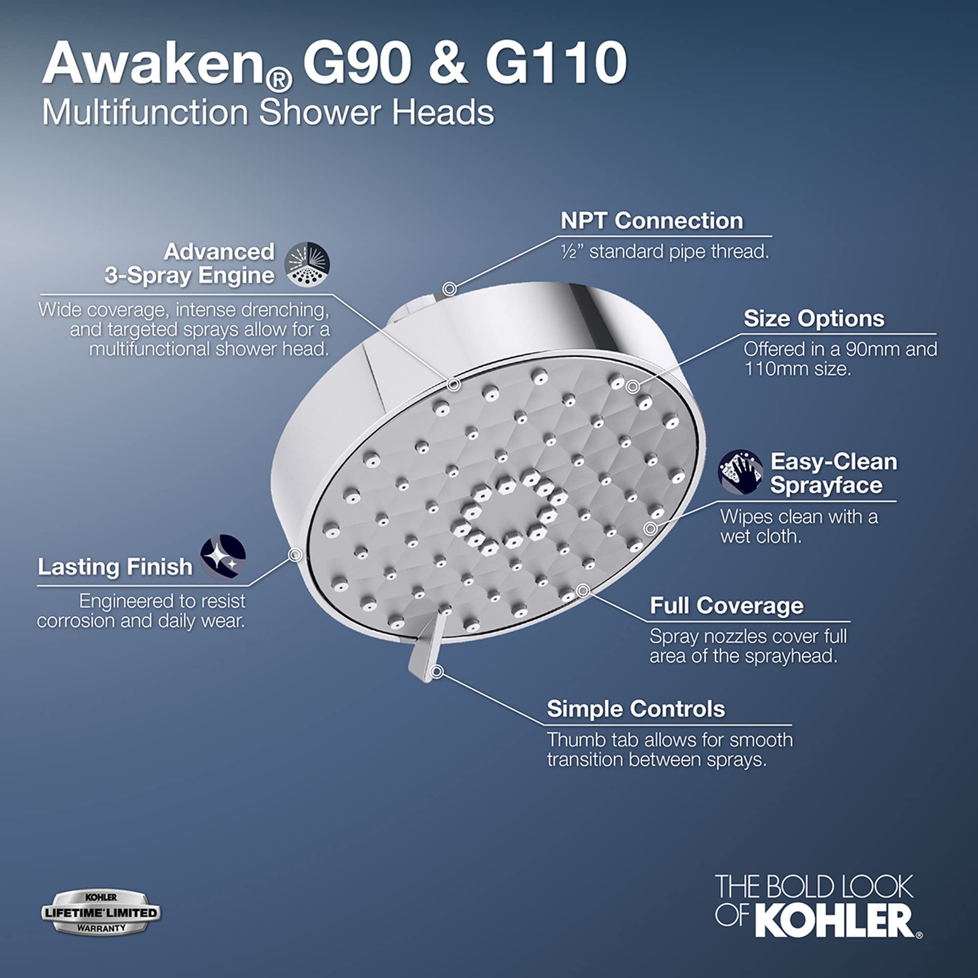 KOHLER 72419-G-2MB Awaken G110 Three-Function Showerhead, Wall-Mount, 3 Spray Settings, 1.75 GPM, Vibrant Brushed Moderne Brass