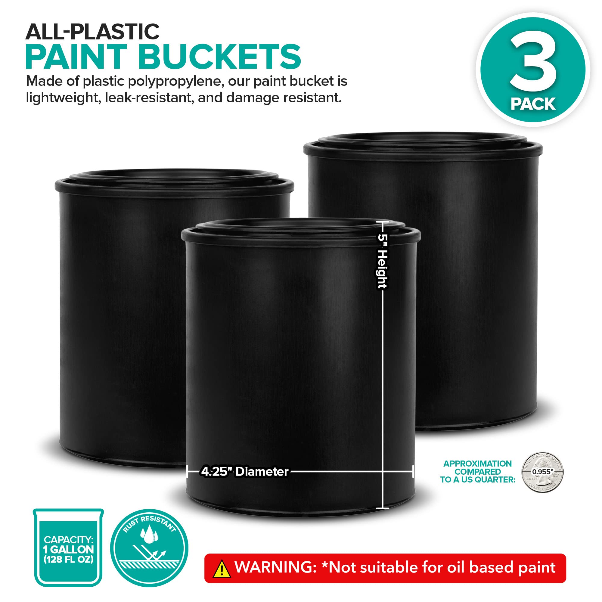 1-Quart Plastic Paint Bucket (3 Pack) - Triple Lock Airtight Seal - Minimizes Skimming - Rust Proof - Odor & Chemical Resistant - 32 Fl Oz All-Plastic Paint Can with Snap On Lid - Stock Your Home