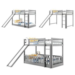 Actual Twin Over Twin Low Bunk Bed, Wood Bunk Bed Frame with Slide and Fence for Kids, Toddlers, Boys, Girls, No Box Spring Needed LF (Gray+Wood)