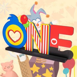 C1krint Plim Plim ONE Letter Sign Wooden Table Centerpiece, Circus Clown Plim Plim Theme First Birthday Party Decoration Supplies for One Year Old Baby Shower 1st Birthday Ornaments Photo Props