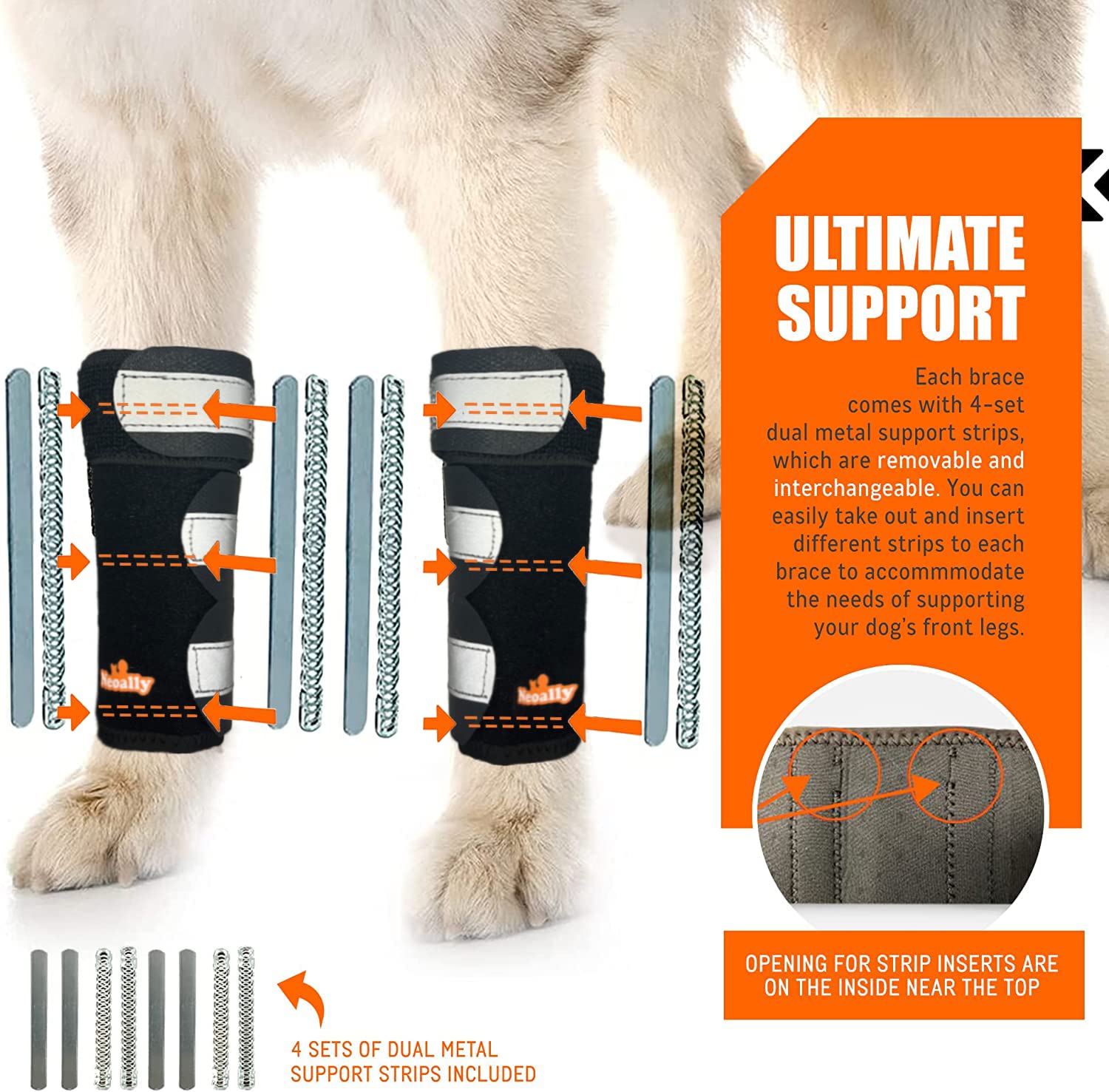 NeoAlly - 3-in-1 Dog Splint Front Leg Support, Front Leg Brace with Rigid and Spring Inserts, Dog Leg Sleeve for Pet Mobility, Stability, & Protection, With Reflective Straps, L-XL, 1 Pair