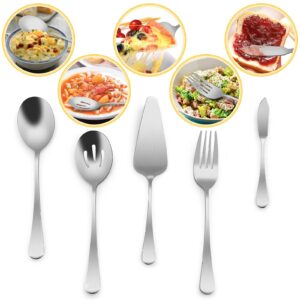 Matte Serving Utensils HaWare 5-Piece Stainless Steel Hostess Serving Set for Party Kitchen Restaurant, Satin Finished, Dishwasher Safe, Include Spoons, Slotted Spoon, Forks, Pie Server, Butter Knife