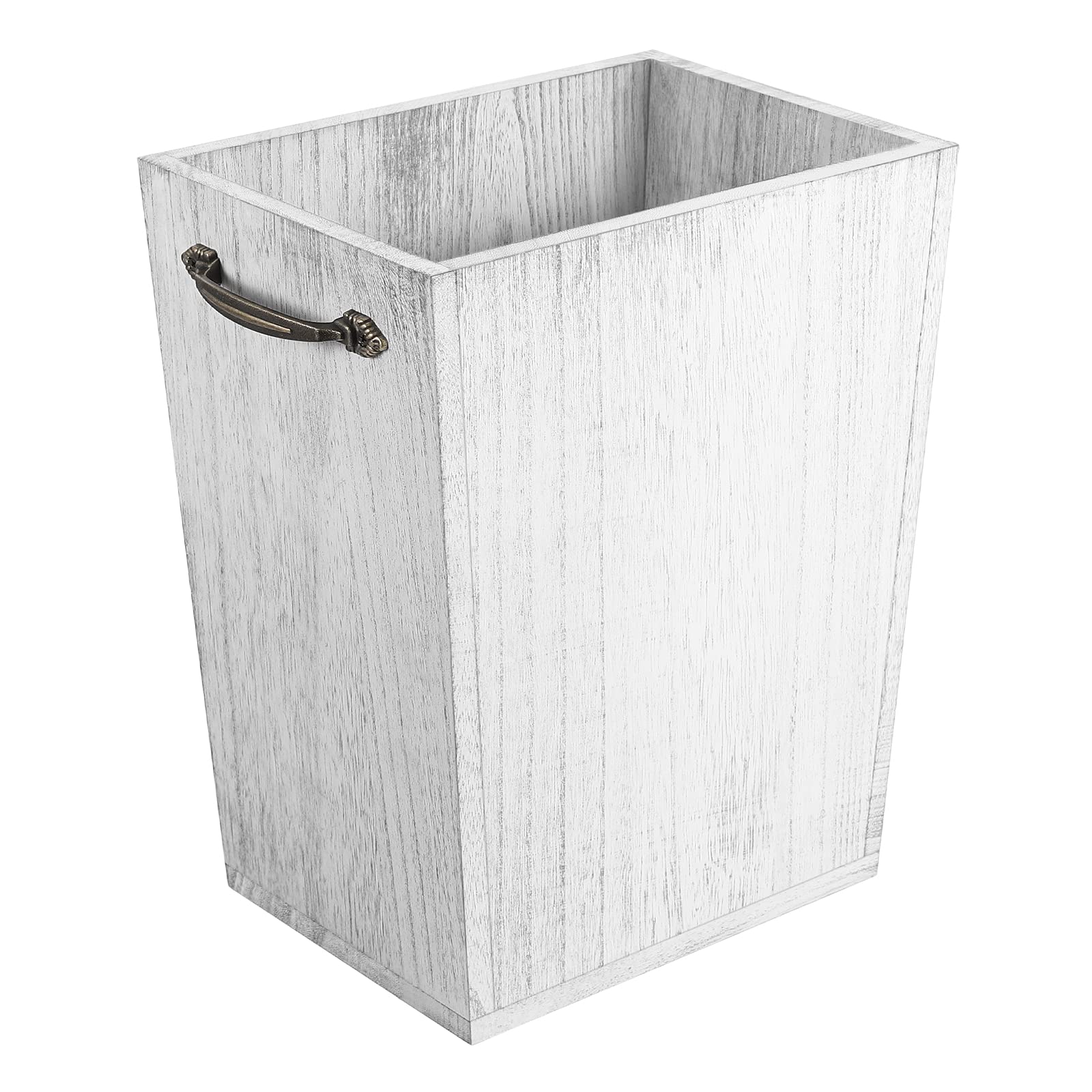 BTY Small Trash Can Rectangular Wooden Waste Basket Trash Bin with Handles Garbage Cans for Kitchen Bathroom Bedroom Office, Grey White