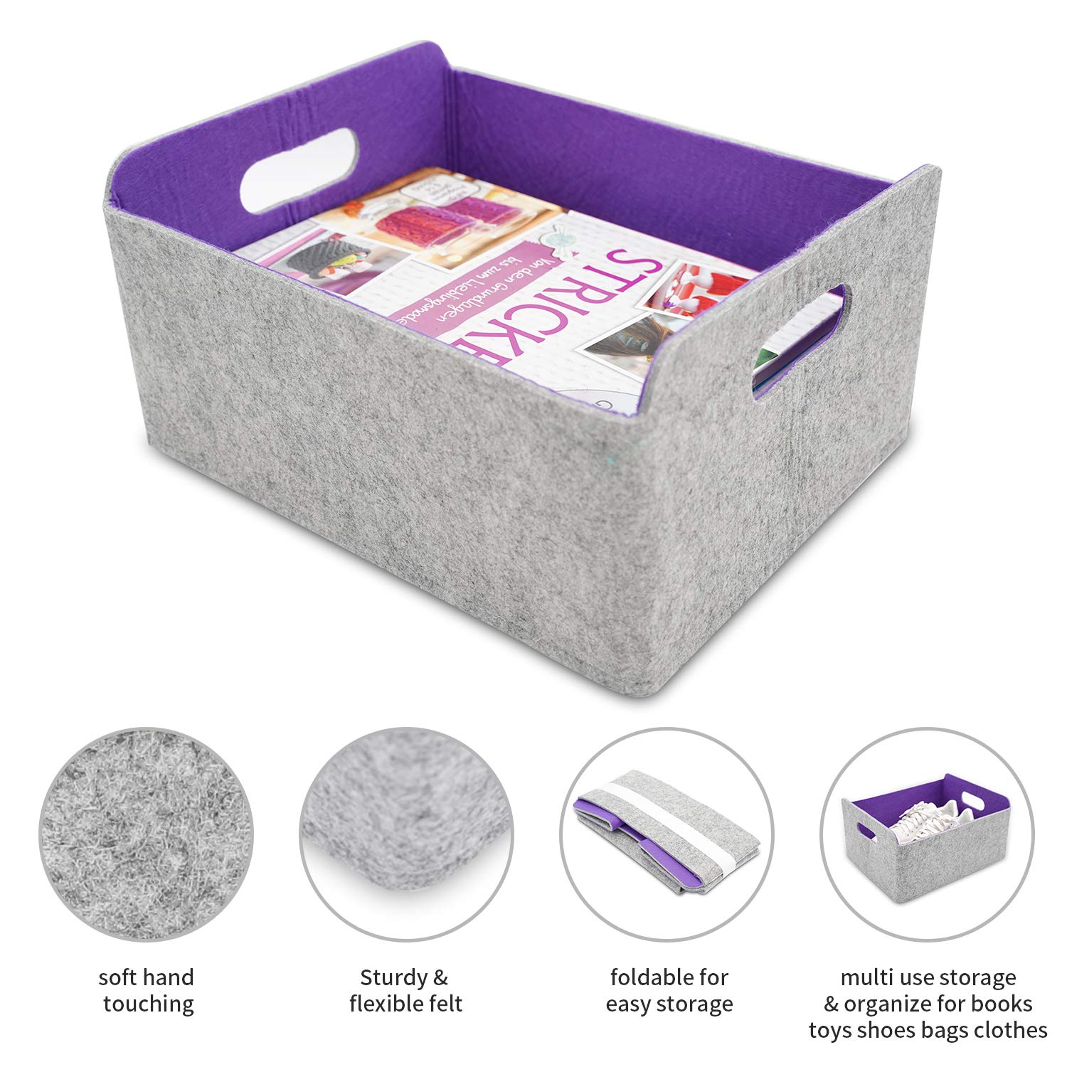 Welaxy Storage Baskets Felt Foldable Storage Cube bin Shelf Bins Organizer Felt Box for Kids Toys Magazine Books Clothes for Office Bedroom Closet Babies Nursery (Purple x 3)