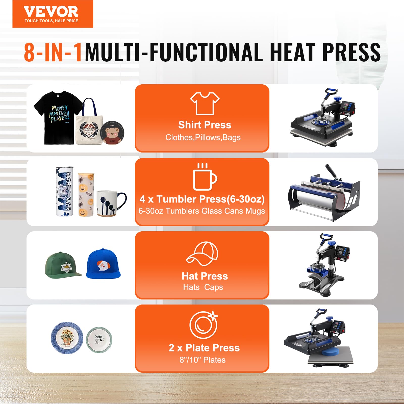 VEVOR 8 in 1 Heat Press Machine 15x15 Inch, 360° Swing Away Shirt Press Machine - Digital Professional Heat Transfer Tshirt Press Machine, Sublimation Heat Press for T Shirts Hat Cap Mug Plate Blue