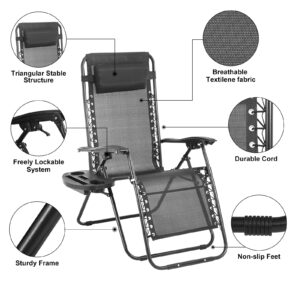 HHS Zero Gravity Chair Lawn Chairs Reclining Lounge Chairs for Outside Patio Outdoor Folding Chair Loungers Comfortable Beach Poolside Chaise with Removable Pillow, Black, 37 x 26 x 43 inches