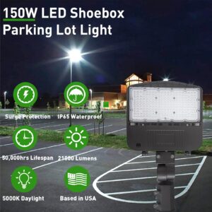 150W LED Parking Lot Lights, 450W MH Equiv. 21000LM LED Shoebox Pole Lights 5000K Cool White, Slip Fitter Mount Commercial Area Lights for Street, Parking Lot, 100-277V AC UL&DLC Certified