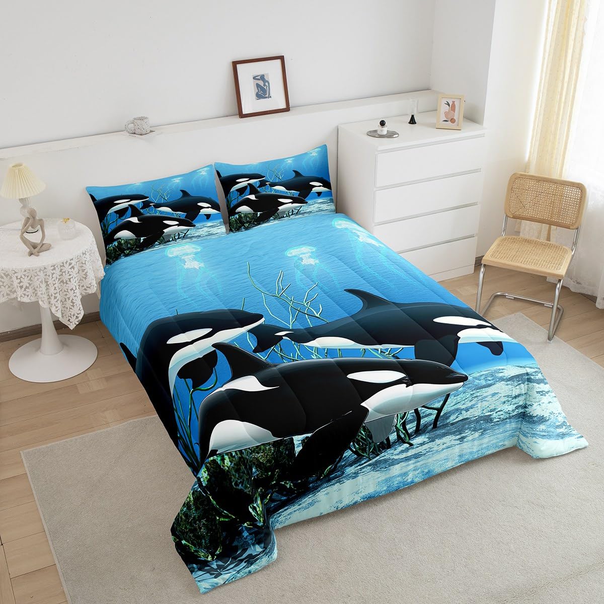 Erosebridal Killer Whale Bedding Sets Orcinus Orcas Comforter Set The Underwater World Jellyfish Down Comforter for Kids Boys Girls Deep Sea Animals Marine Life Duvet Insert 2 Pieces Twin Size