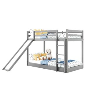 Actual Twin Over Twin Low Bunk Bed, Wood Bunk Bed Frame with Slide and Fence for Kids, Toddlers, Boys, Girls, No Box Spring Needed LF (Gray+Wood)