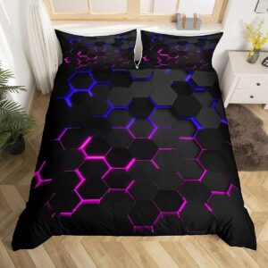 3d honeycomb duvet cover set full size for kids geometry hexagon bedding sets with 2 pillowcase,pink blue neon lights print comforter cover teen boys girls bedroom decor bed cover 3 piece, black