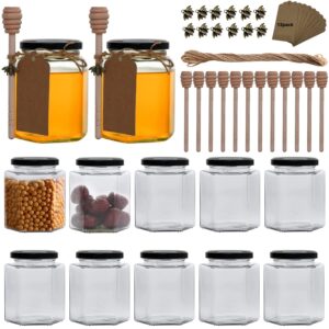 woaiwo-q 16 oz hexagon glass honey jars, 12 pack hexagon glass jars with black lids,wooden honey sticks,bronzy bee pendants,big tags,15m jute twine for party favors-mason jars for foods,jams……