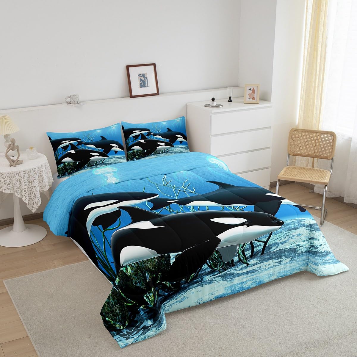 Erosebridal Killer Whale Bedding Sets Orcinus Orcas Comforter Set The Underwater World Jellyfish Down Comforter for Kids Boys Girls Deep Sea Animals Marine Life Duvet Insert 2 Pieces Twin Size