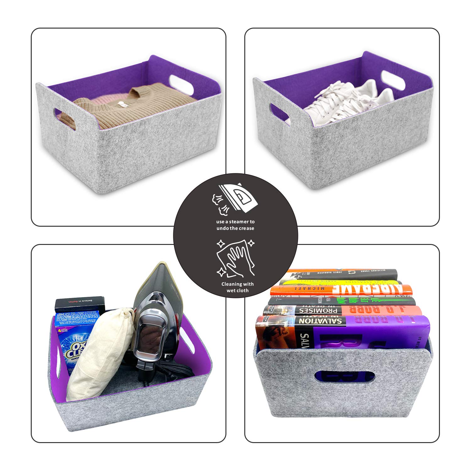 Welaxy Storage Baskets Felt Foldable Storage Cube bin Shelf Bins Organizer Felt Box for Kids Toys Magazine Books Clothes for Office Bedroom Closet Babies Nursery (Purple x 3)