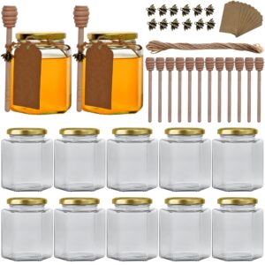 woaiwo-q clear hexagon glass jars, 12 oz 12 pack hexagon glass honey jars with golden lids,wooden honey sticks,bronzy bee pendants,big tags,15m jute twine, glass jars for honey,foods……