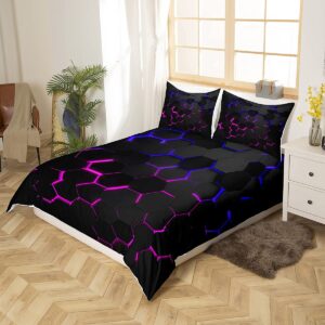 3D Honeycomb Duvet Cover Set Full Size for Kids Geometry Hexagon Bedding Sets with 2 Pillowcase,Pink Blue Neon Lights Print Comforter Cover Teen Boys Girls Bedroom Decor Bed Cover 3 Piece, Black