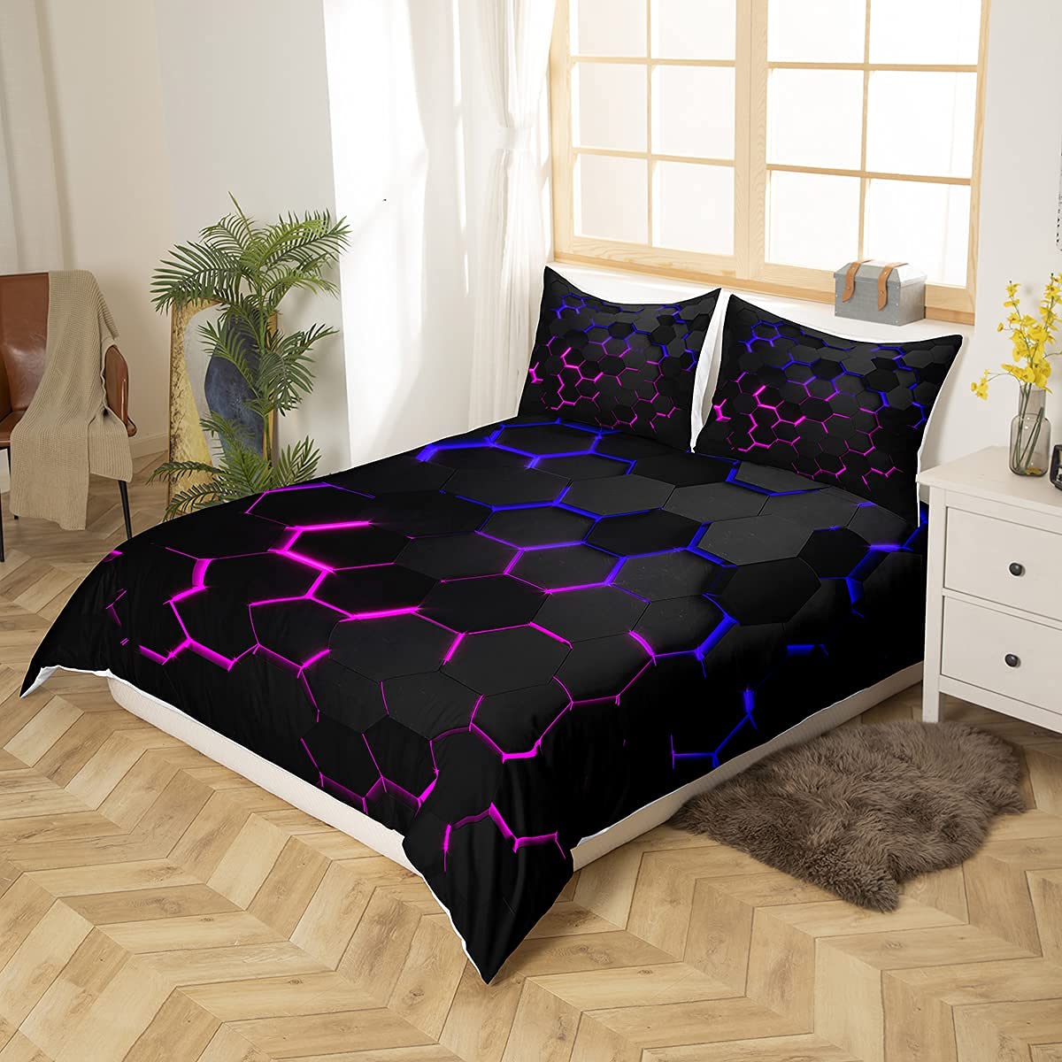 3D Honeycomb Duvet Cover Set Full Size for Kids Geometry Hexagon Bedding Sets with 2 Pillowcase,Pink Blue Neon Lights Print Comforter Cover Teen Boys Girls Bedroom Decor Bed Cover 3 Piece, Black