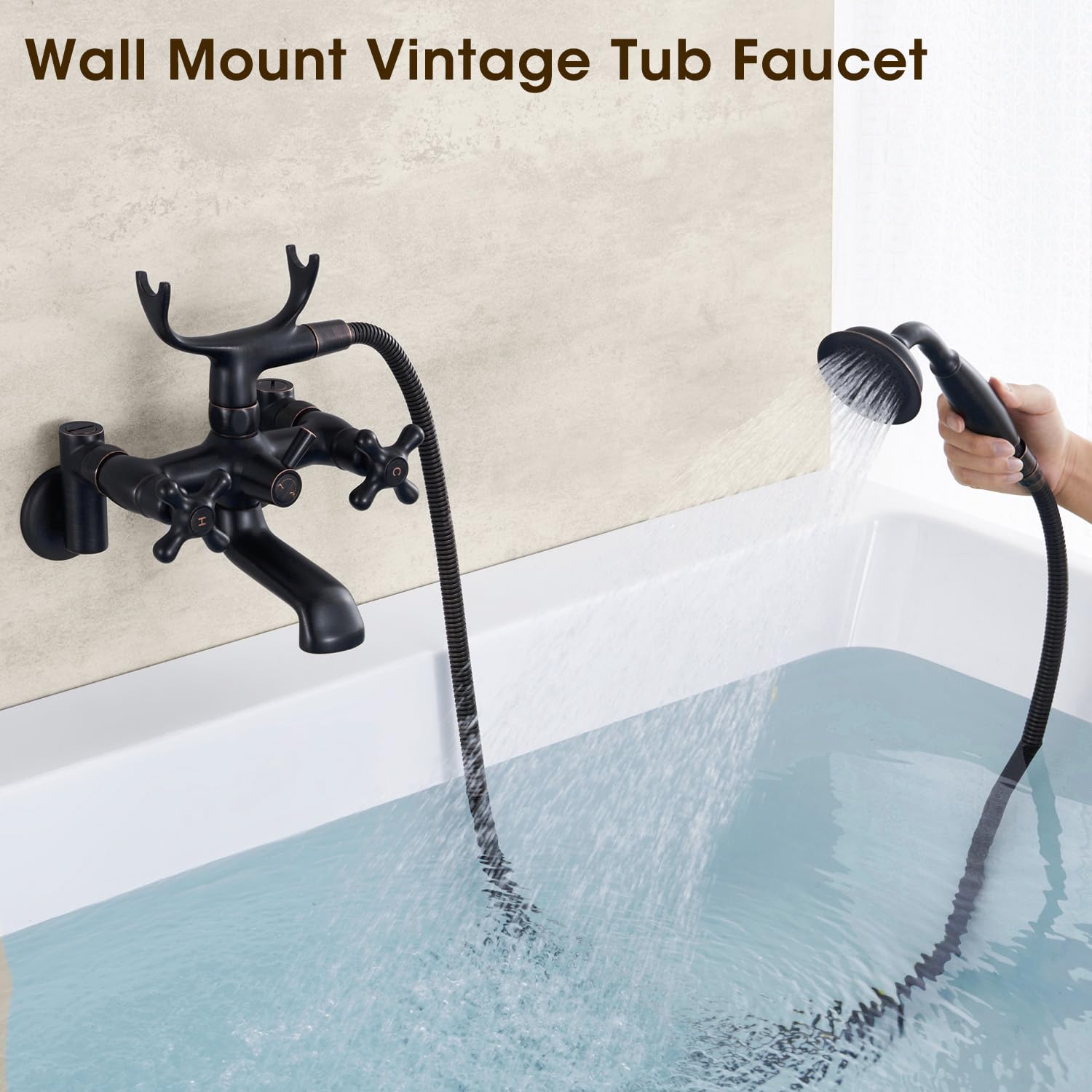 Hanallx Clawfoot Tub Faucet Wall Mount Tub Faucet with Hand Shower 3 to 10in Center Vintage Oil Rubbed Bronze Wall Mount Tub Filler Bathtub Faucet Set with Shower Diverter with Valve