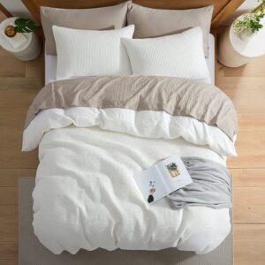 zjzc art 100% cotton waffle weave duvet cover set,luxury bedding set 3 pieces, super soft,easy care,simple style,for all season, with buttons closure and zipper (creamy white, king)