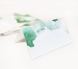 ash bush 50 forest green watercolor tented wedding event escort/place cards 4"x3.5", folded to 2"x3.5"