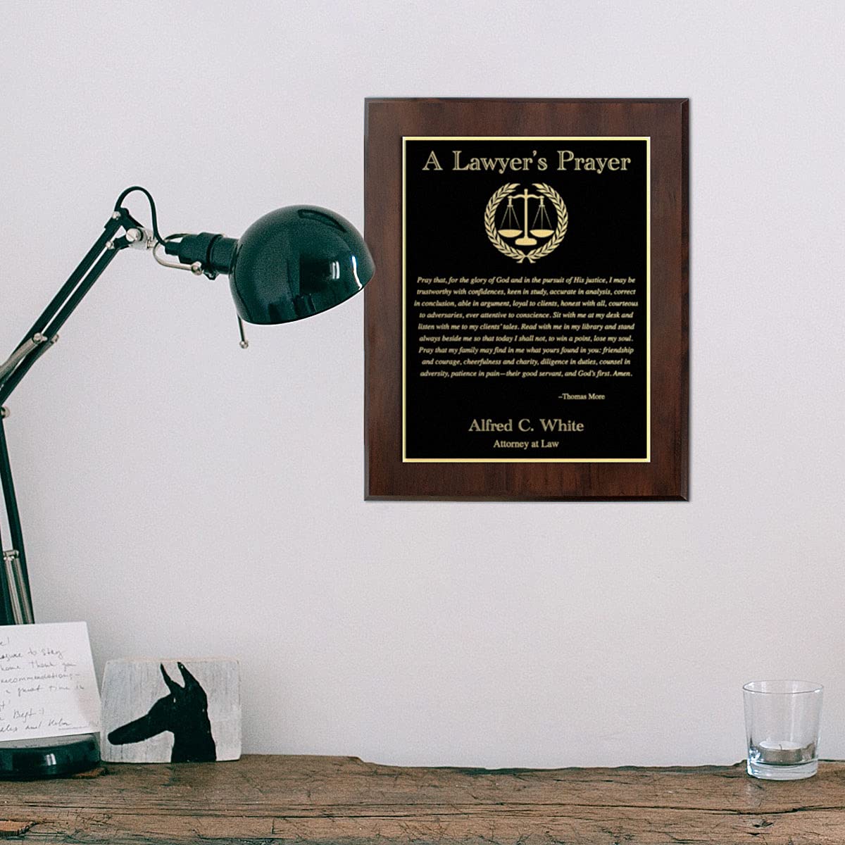 Customizable Lawyer's Prayer Plaque - Thank or Congratulate an Attorney or Celebrate a Law Student's Accomplishments - Include Their Name or Special Message (Cherry Wood w/Black and Gold Metal)