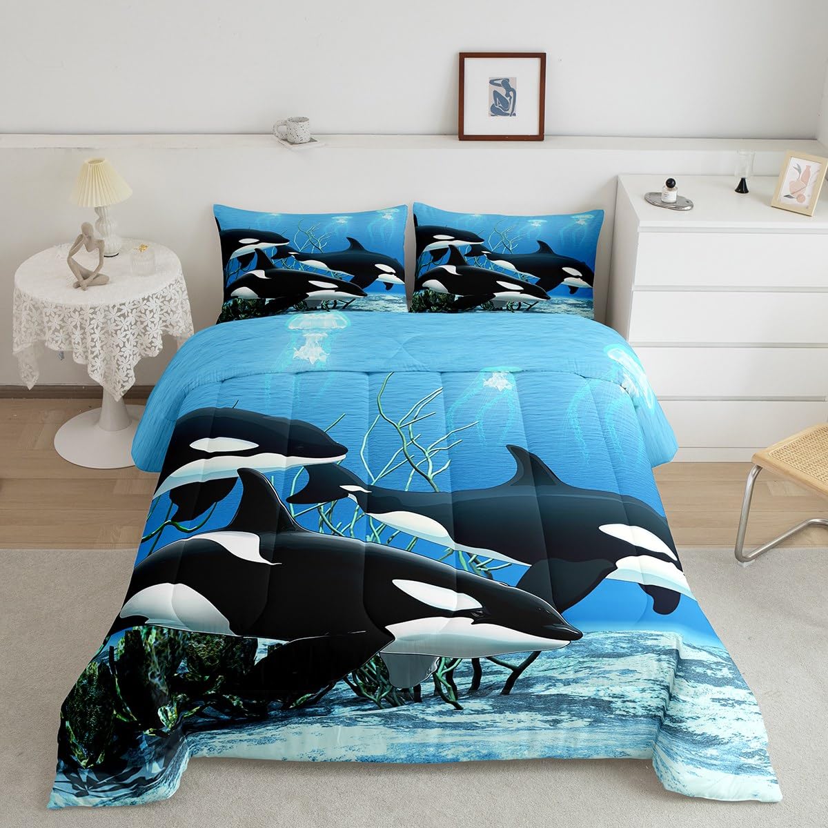 Erosebridal Killer Whale Bedding Sets Orcinus Orcas Comforter Set The Underwater World Jellyfish Down Comforter for Kids Boys Girls Deep Sea Animals Marine Life Duvet Insert 2 Pieces Twin Size