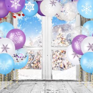 Gejoy 100 Pieces Snowflake Balloons 12 Inch Purple Blue Balloons White Balloons for Winter Birthday Party Girls Winter Theme Party Supplies Ice Snow Theme Baby Shower Winter Party Decoration