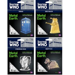 Metal Earth Fascinations 3D Metal Model Kits Dr Who Set of 4 - Tardis - Gold Dalek - Cyberman Head - Rusty K-9